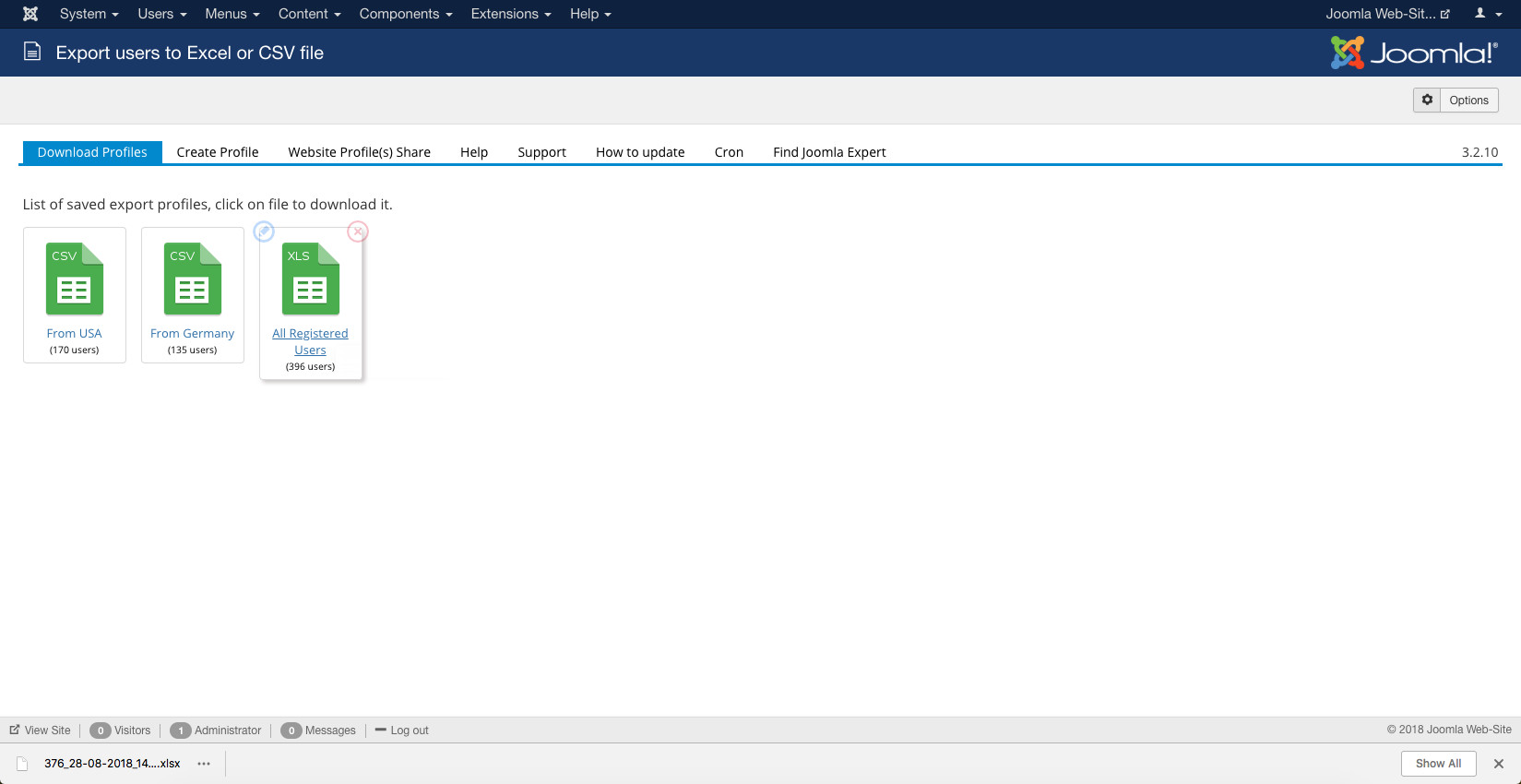 Export Joomla Users with User-Profile fields to Excel or CSV